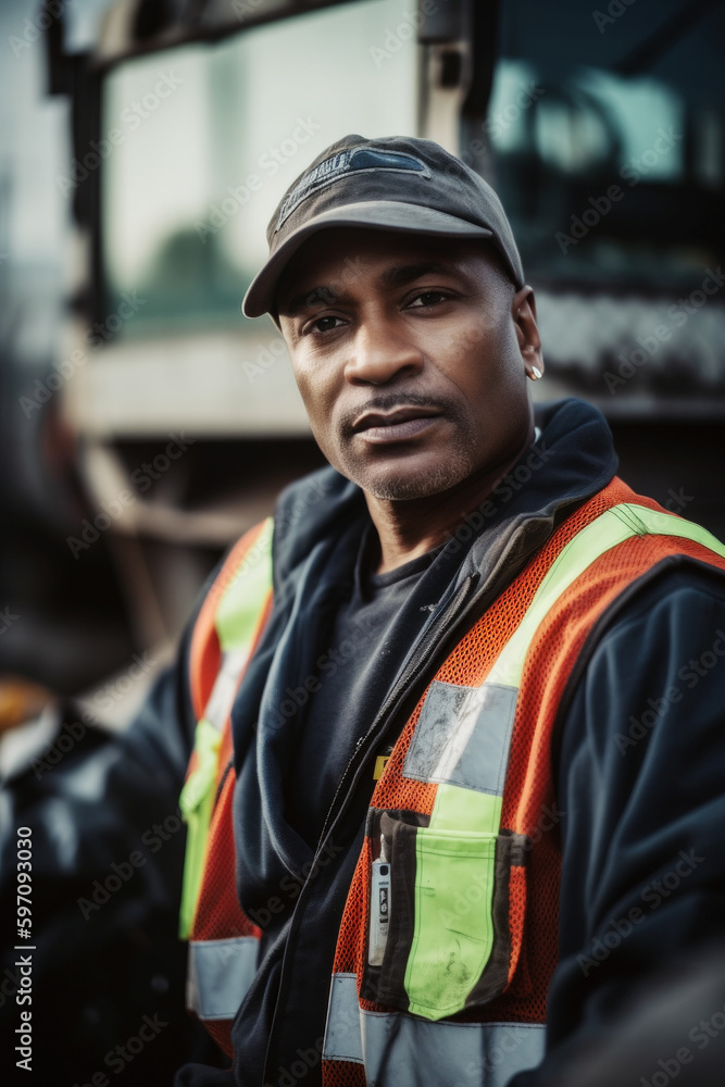 In the golden light of dawn, a proud, 40-year-old Afro-American garbage ...