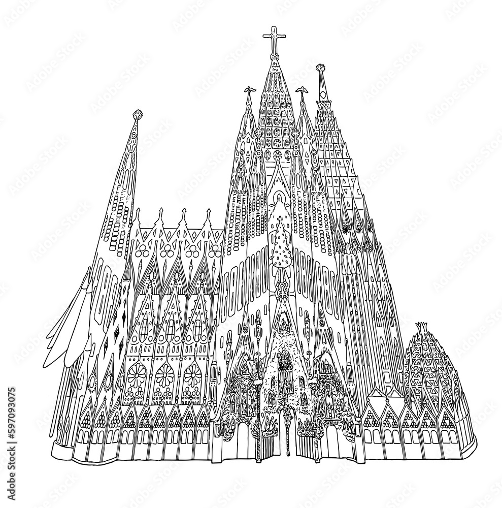 A sketch of Antoni Gaudí's masterpiece, Familia Sagrada, vector Stock ...