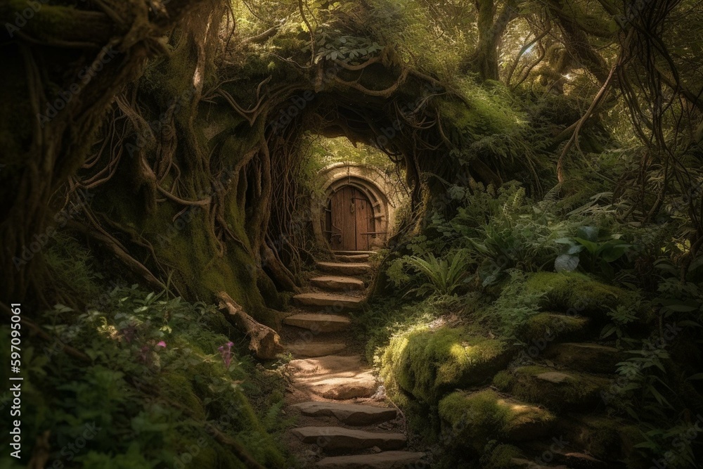 Entrance to the hidden elf cavern in enchanted woodland. Generative AI ...