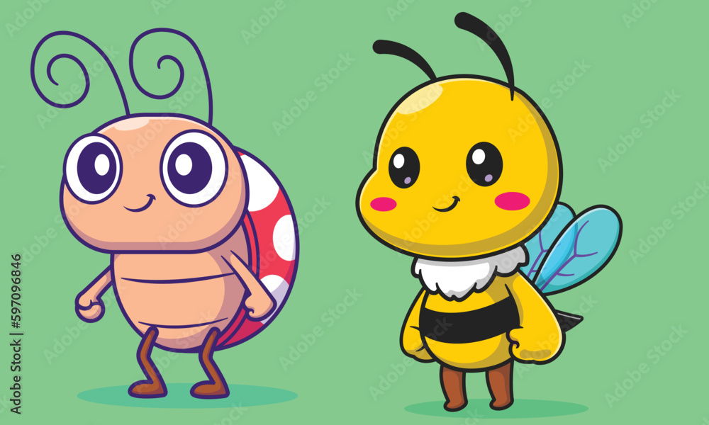 Cute bee and ladybug standing cartoon vector icon illustration. animal ...