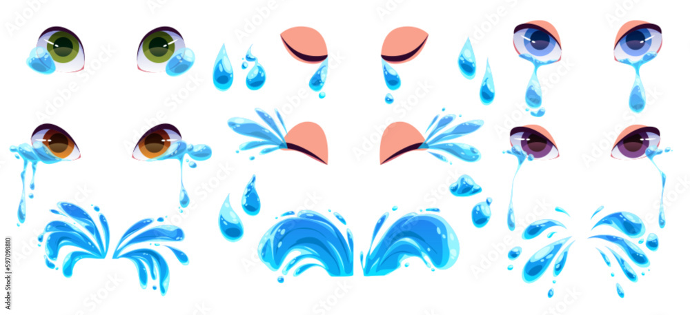 Cartoon comic tear splash and eye vector icon set. Cry water stream ...