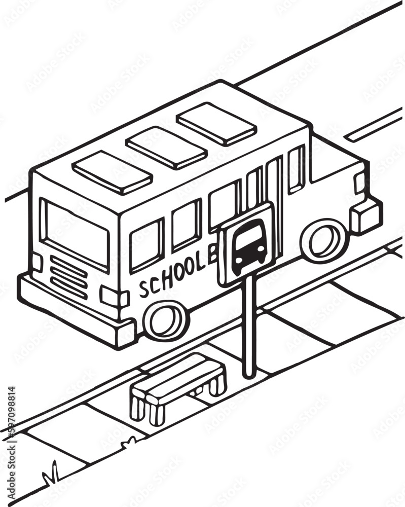 Game graphics of transport in isometry, scribble coloring with bus stop ...