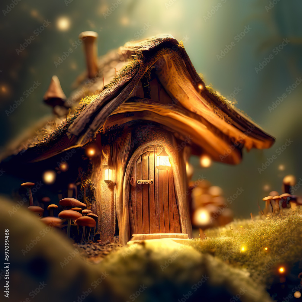 Fantasy home of tiny wood dweller, macro view of fairy tale hut ...