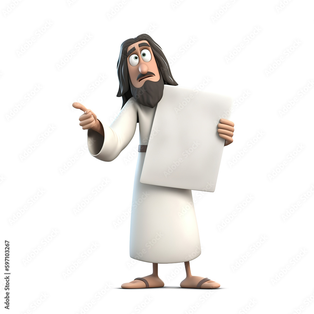 Jesus in white robe holding a sign board in his hands, 3D Style ...