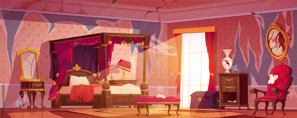 Abandoned broken victorian royal bedroom interior cartoon vector ...