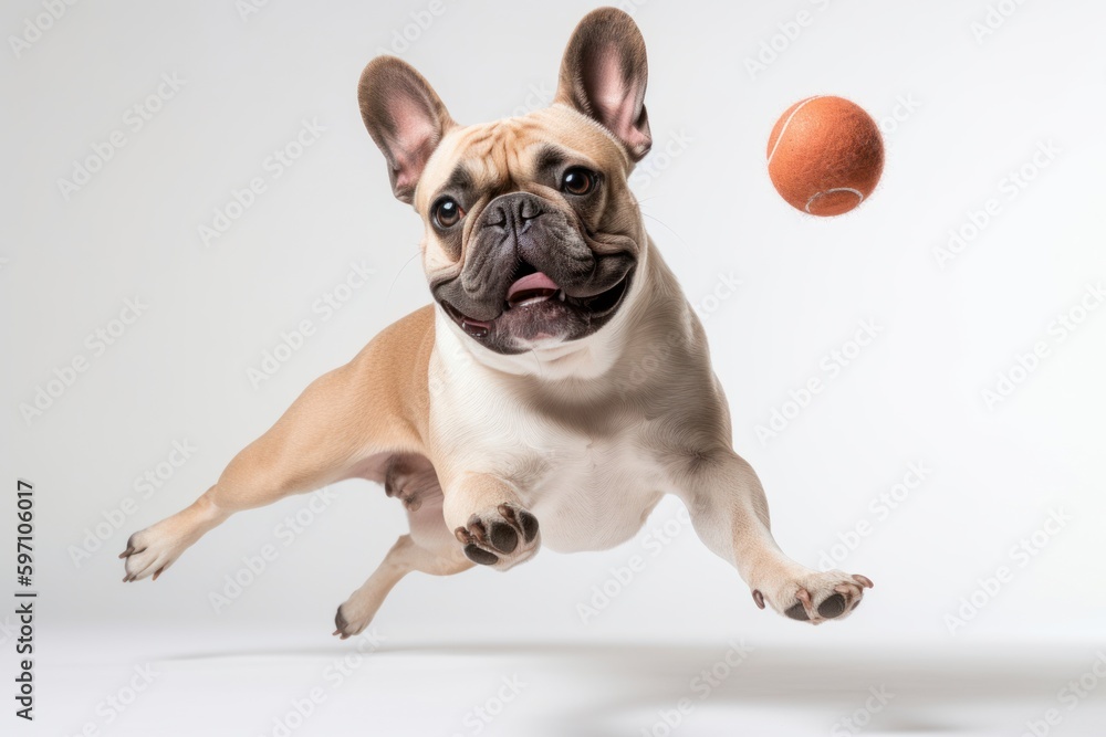 Environmental portrait photography of a happy french bulldog catching a ...