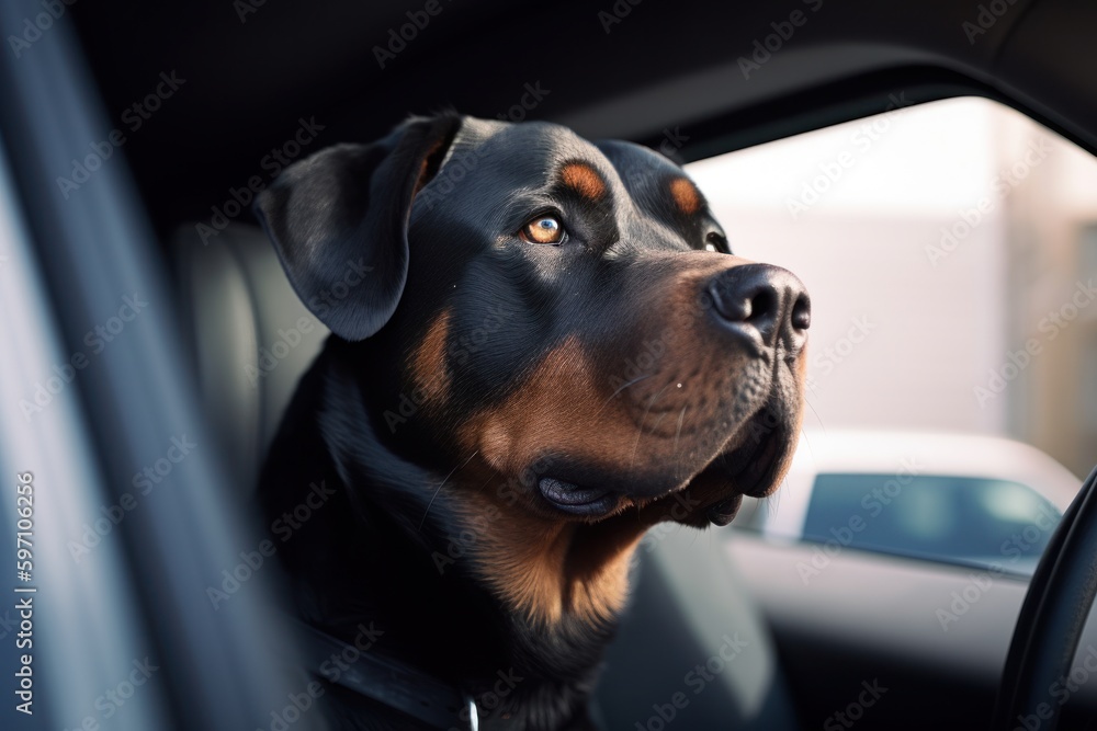 Lifestyle portrait photography of a curious rottweiler riding in a car ...