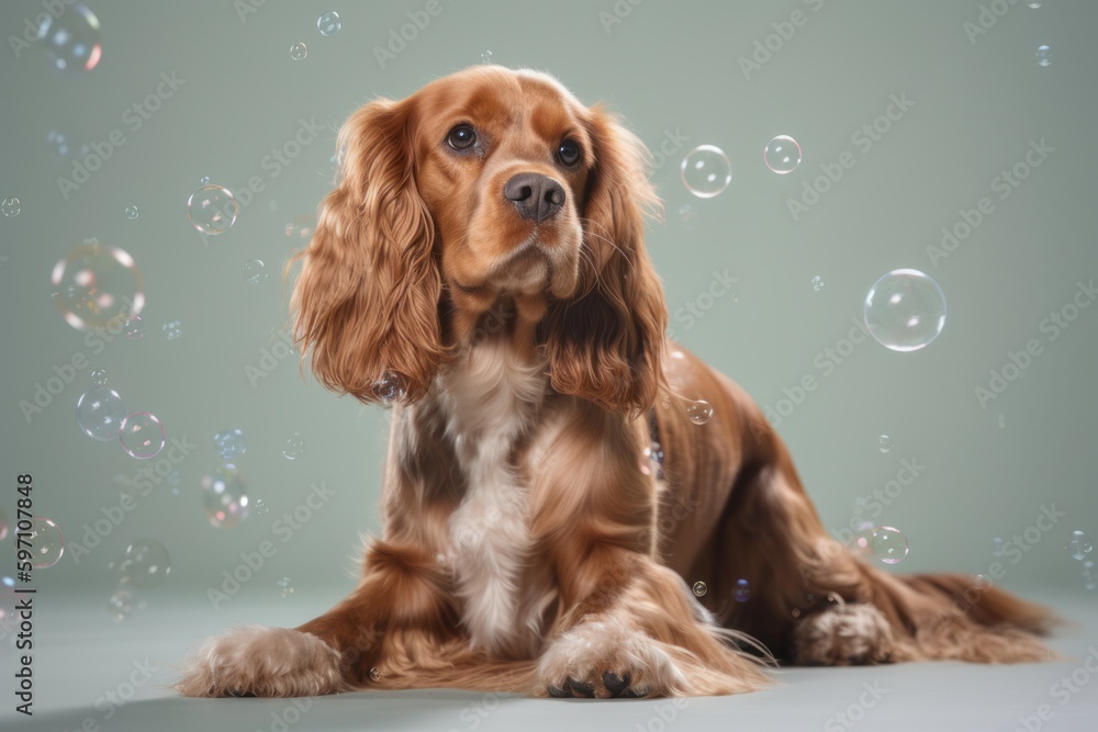 Full-length portrait photography of a happy cocker spaniel playing with ...
