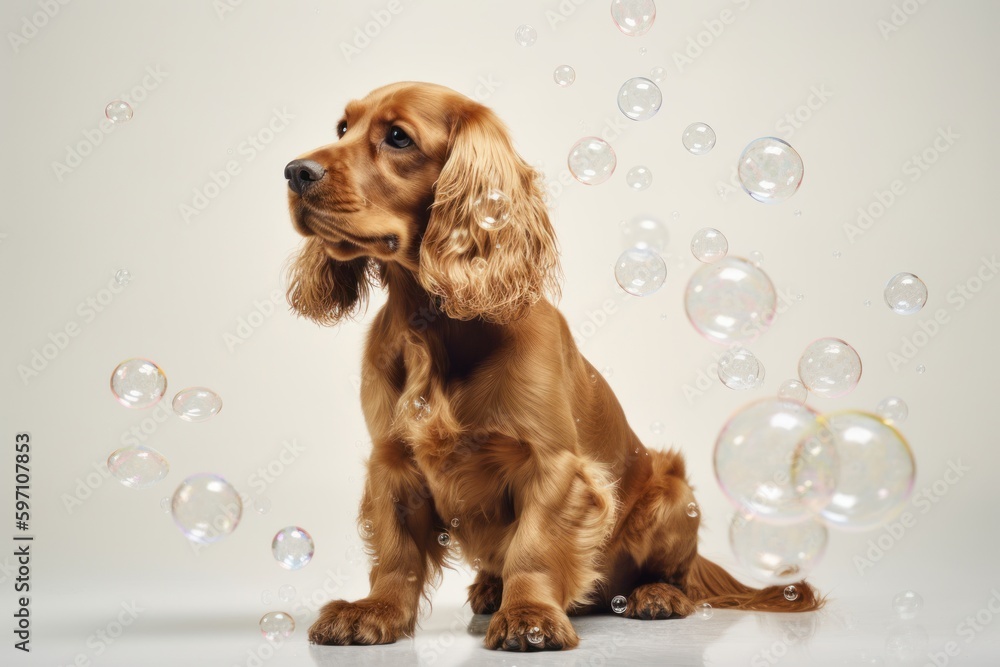 Full-length portrait photography of a happy cocker spaniel playing with ...