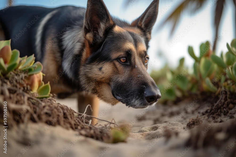 Environmental portrait photography of a scared german shepherd digging ...