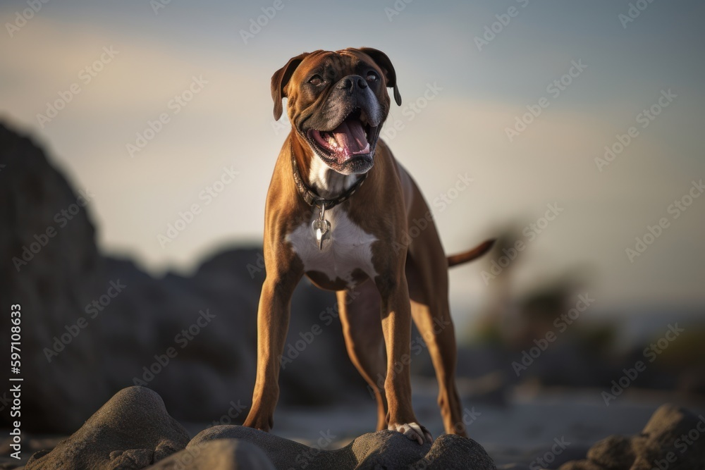 Full-length portrait photography of an aggressive boxer dog biting his ...