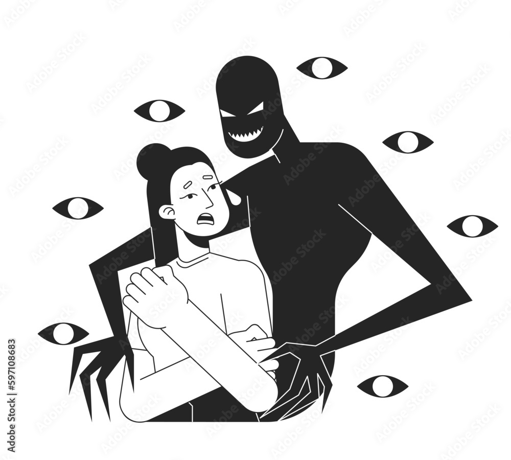 Schizophrenia disorder bw concept vector spot illustration. Scared ...