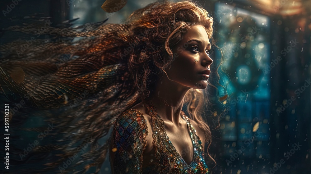 Regal Mermaid, Shimmering Scales, Flowing Hair, Graceful, Underwater ...