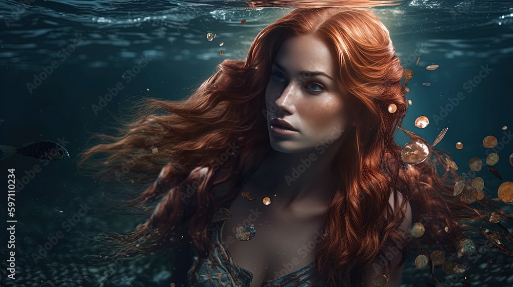 Regal Mermaid, Shimmering Scales, Flowing Hair, Graceful, Underwater ...