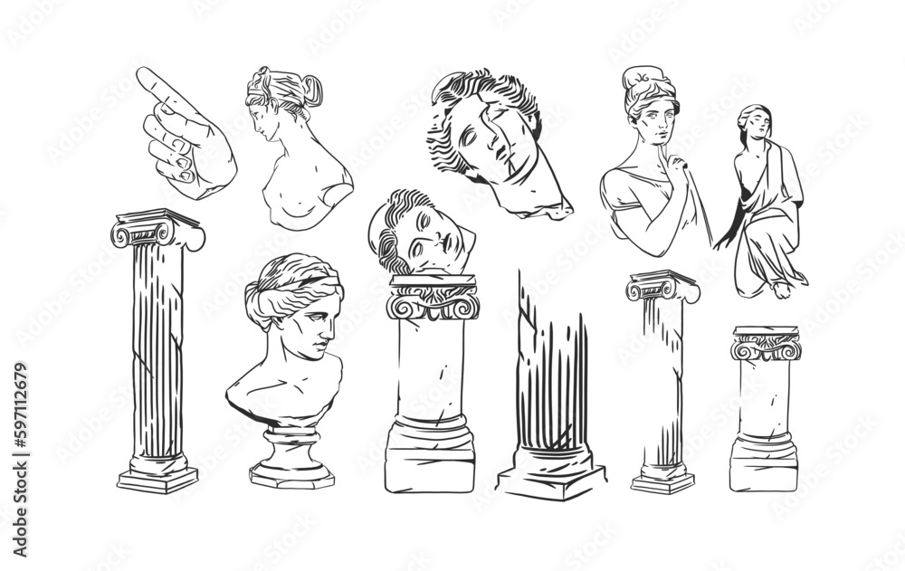 Hand drawn vector abstract outline,graphic,line greek ancient sculpture ...