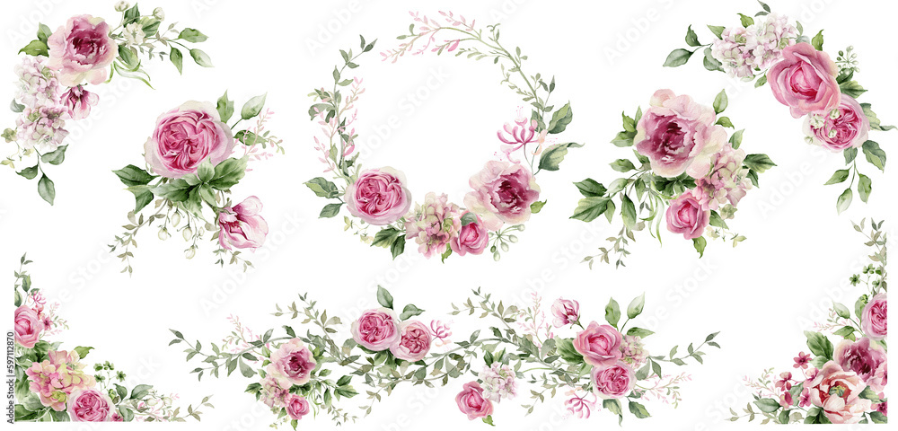 Watercolor flower border set. Pink floral frame with peony, rose ...