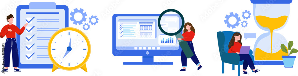 Work process. Set of vector illustrations about planning and performing ...
