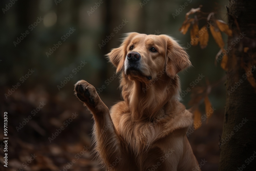 Studio portrait photography of a happy golden retriever giving the paw ...