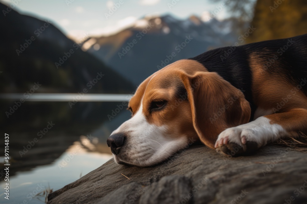 Lifestyle portrait photography of a curious beagle sleeping against ...