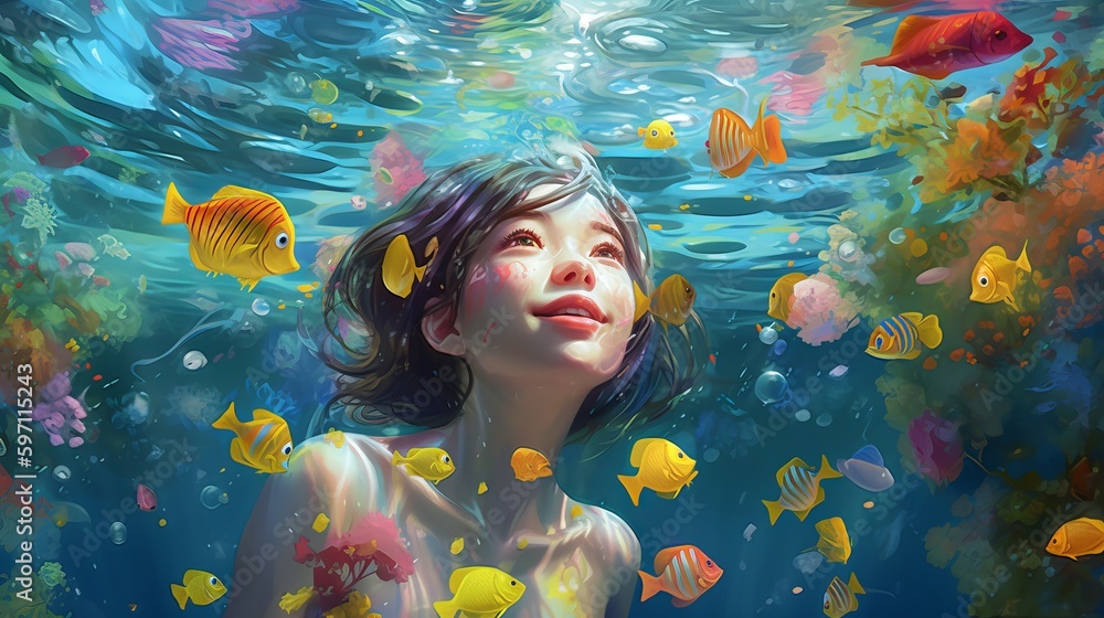 a girl swimming underwater, smile, colorful colors, surrounded by ...