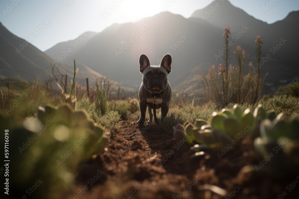 Full-length portrait photography of a happy french bulldog digging in a ...