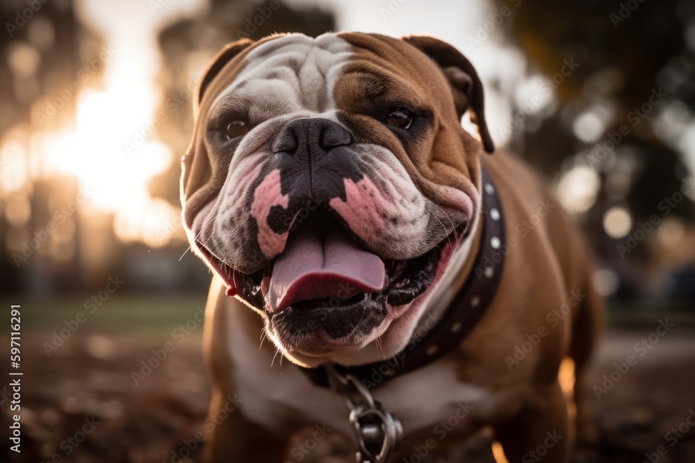 Lifestyle portrait photography of an aggressive bulldog being at a dog ...