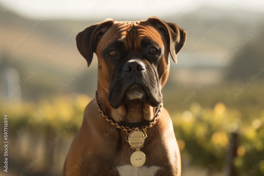 Medium shot portrait photography of an aggressive boxer dog wearing a ...
