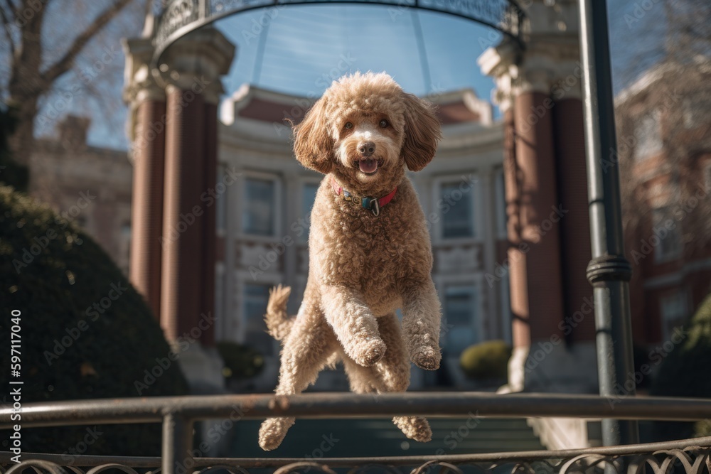 Headshot portrait photography of a curious poodle jumping on a ...
