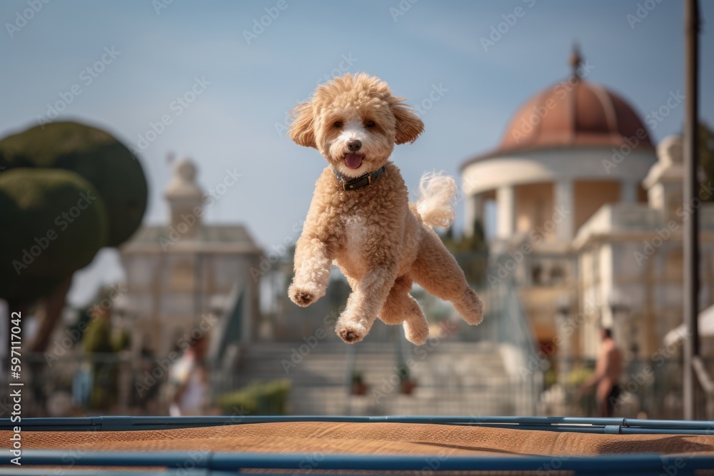 Headshot portrait photography of a curious poodle jumping on a ...