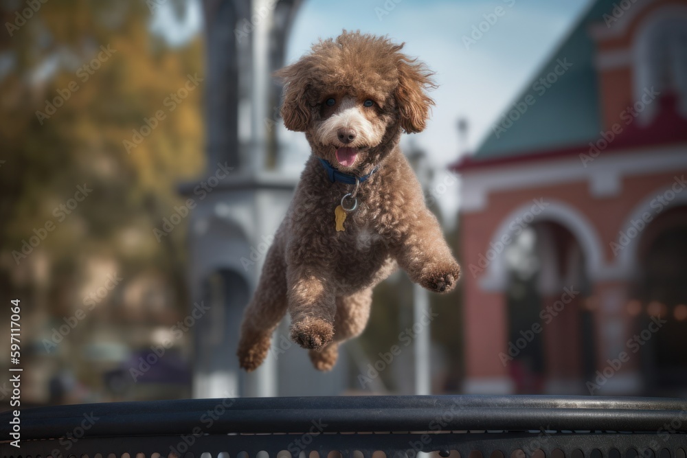 Headshot portrait photography of a curious poodle jumping on a ...