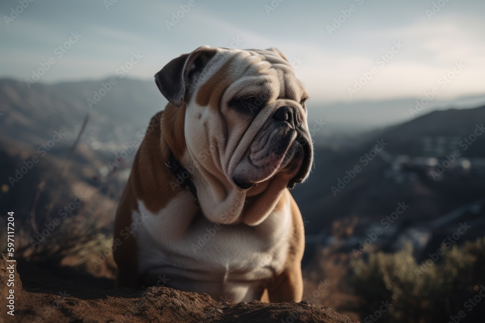 Lifestyle portrait photography of an aggressive bulldog sitting against ...