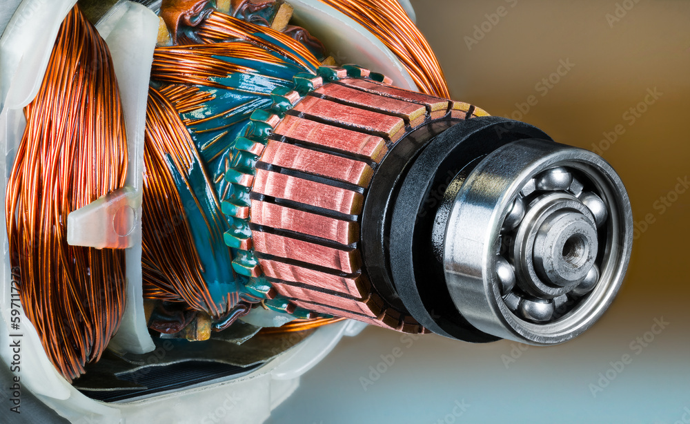 Closeup of ball bearing, commutator and rotor and stator inside ...