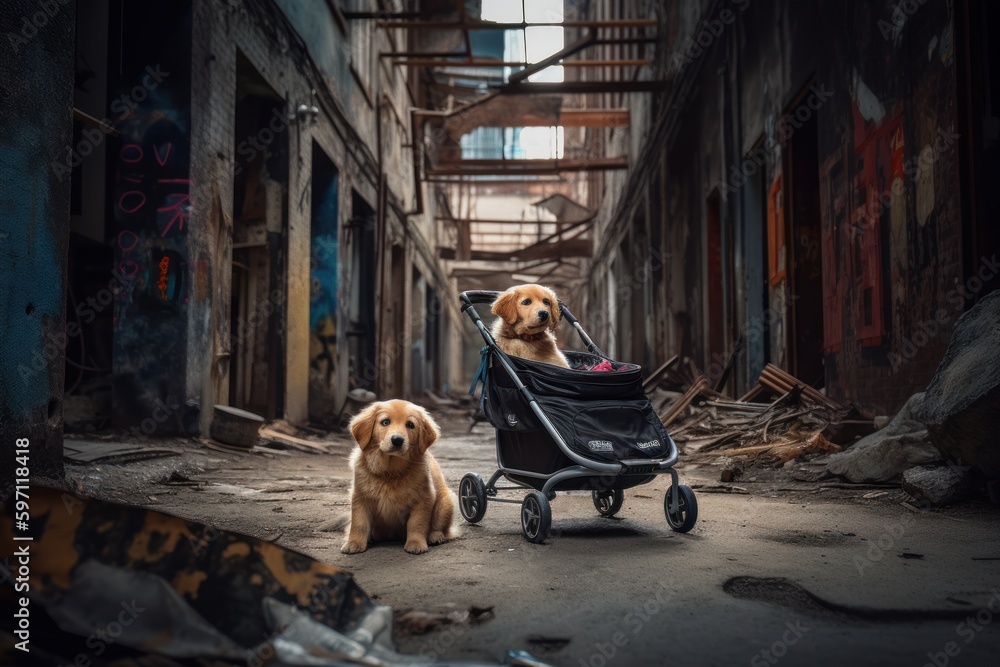 Environmental portrait photography of a scared golden retriever riding ...