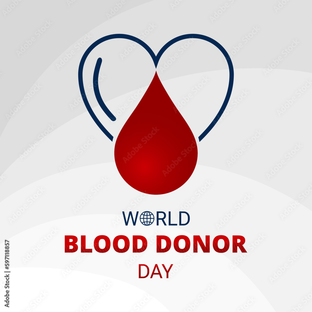 World Blood Donor Day with red blood drop, heart on white and grey ...