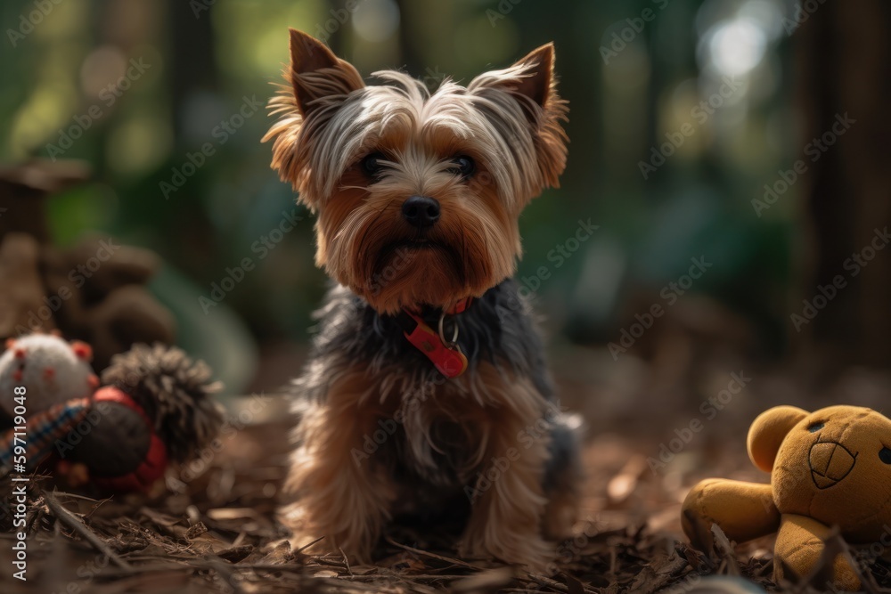 Full-length portrait photography of a scared yorkshire terrier playing ...