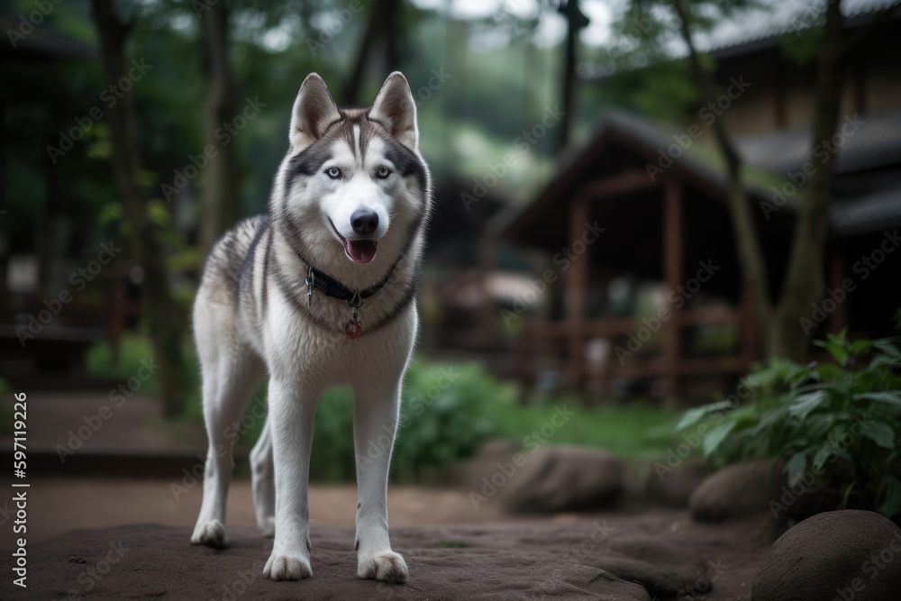 Environmental portrait photography of a happy siberian husky standing ...