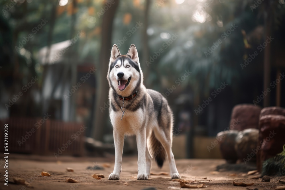 Environmental portrait photography of a happy siberian husky standing ...