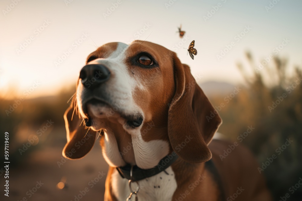 Medium shot portrait photography of a happy beagle having a butterfly ...