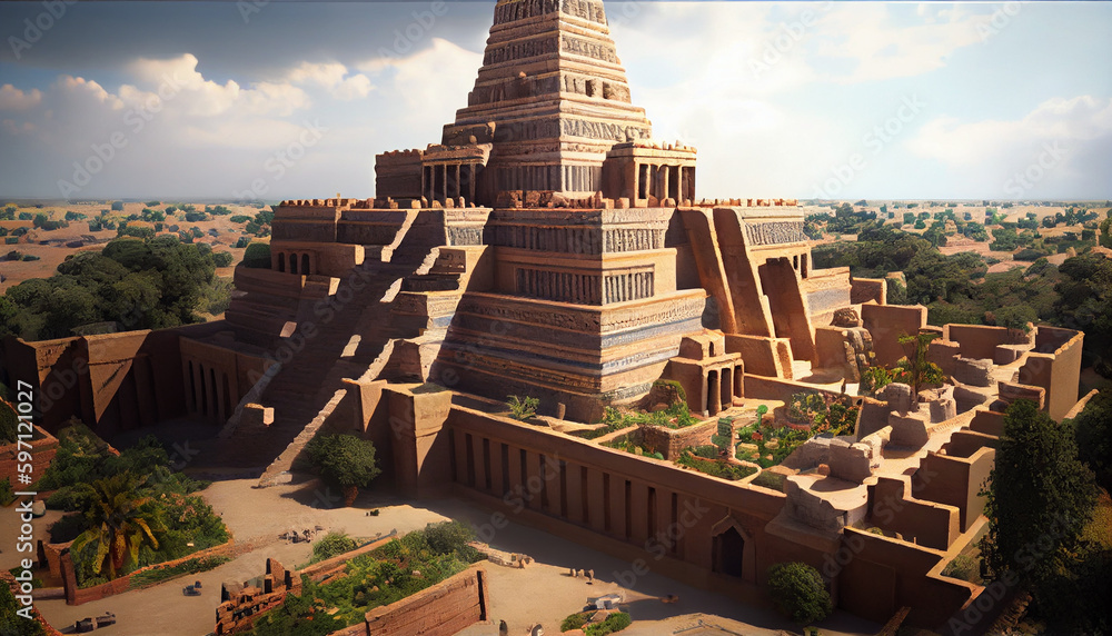 Ancient city of Babylon with the tower of Babel, bible and religion ...
