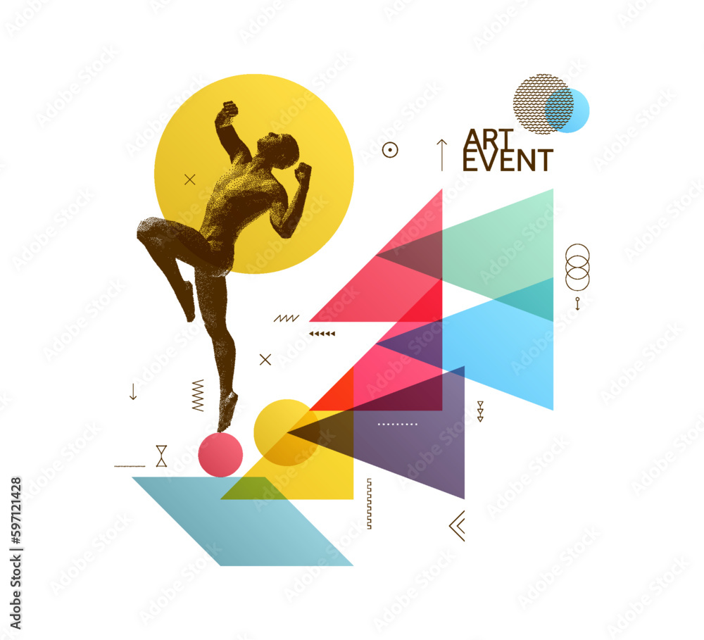 Art event invitation template. Composition of flat colorful shapes. Abstract transparency ...