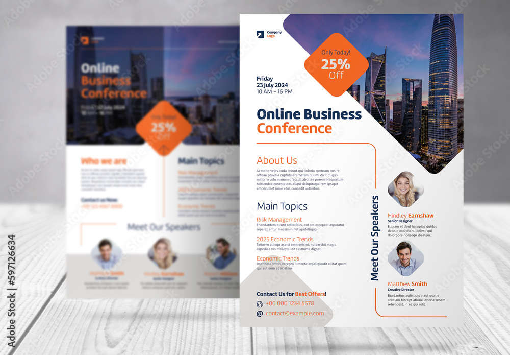 Conference Flyer with Blue and Orange Accents Stock Template | Adobe Stock