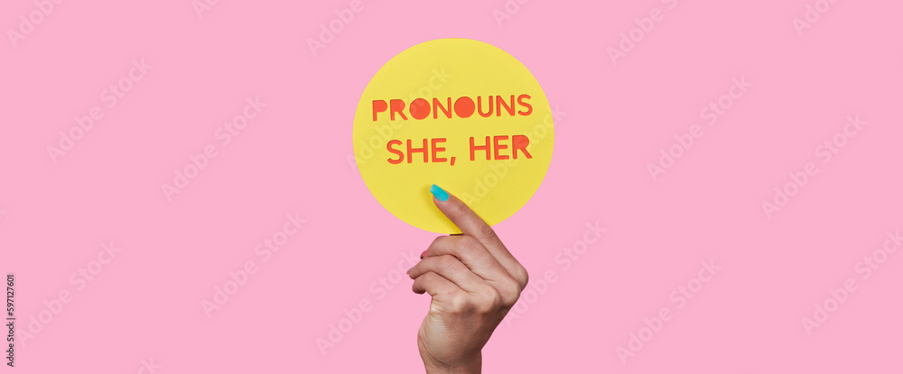 text my pronouns are she, her, banner format Stock Photo | Adobe Stock