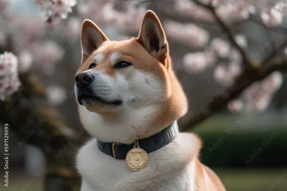 Full-length portrait photography of a curious akita inu wearing a medal ...