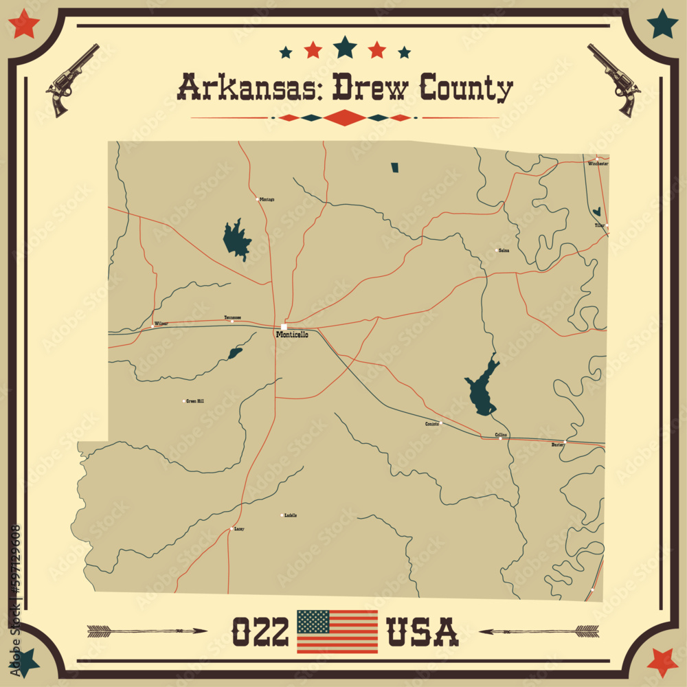 Large and accurate map of Drew County, Arkansas, USA with vintage ...