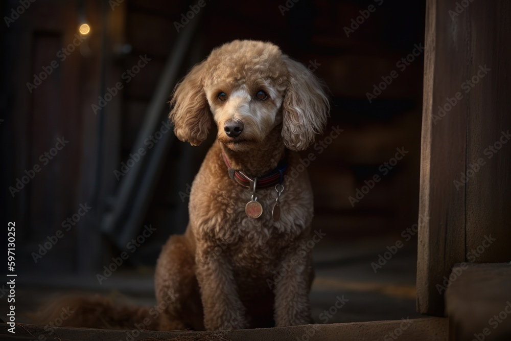 Studio portrait photography of a curious poodle sitting against horse ...