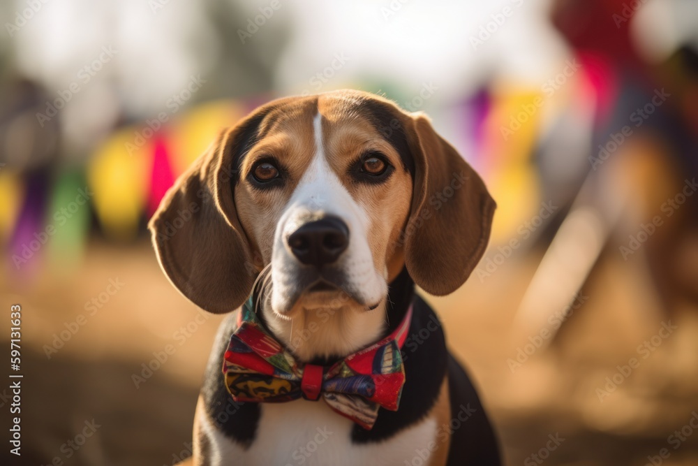 Environmental portrait photography of a scared beagle wearing a bow tie ...