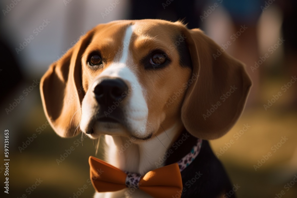Environmental portrait photography of a scared beagle wearing a bow tie ...