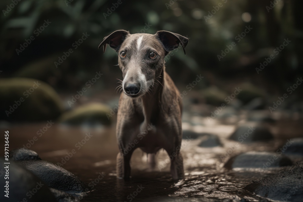 Lifestyle portrait photography of a curious greyhound playing in a mud ...