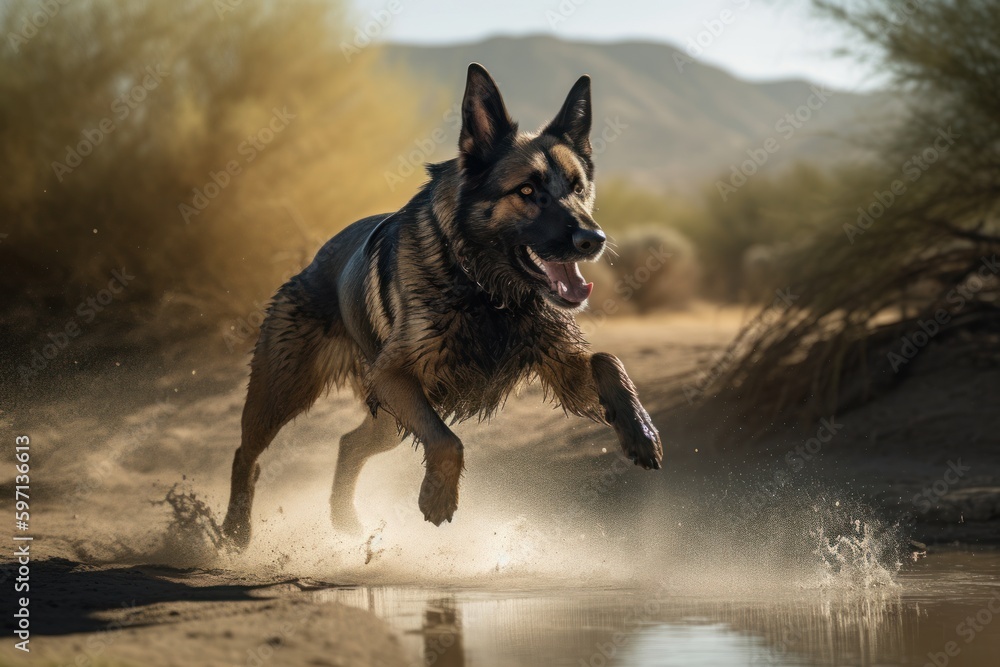 Medium shot portrait photography of a scared german shepherd jumping ...