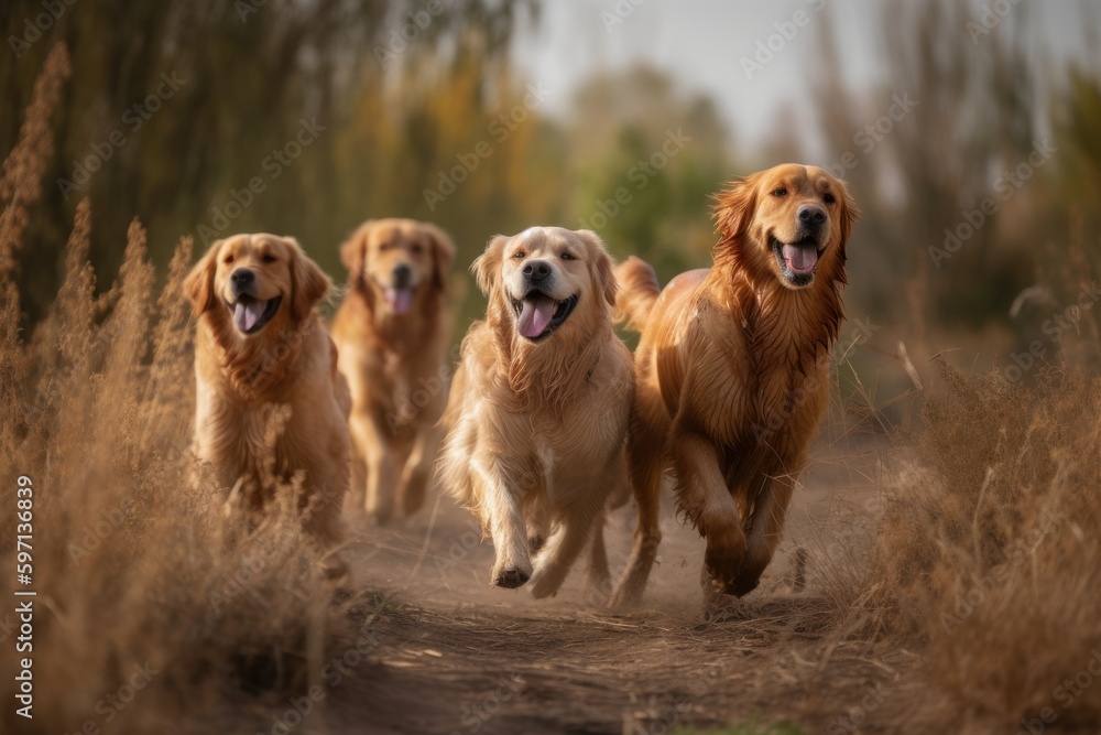 Group portrait photography of a happy golden retriever jumping against ...